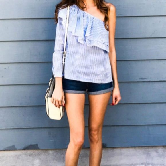 Zara | Tops | Zarawhitebluestriped Asymmetrical One Shoulder Ruffle Top ...
